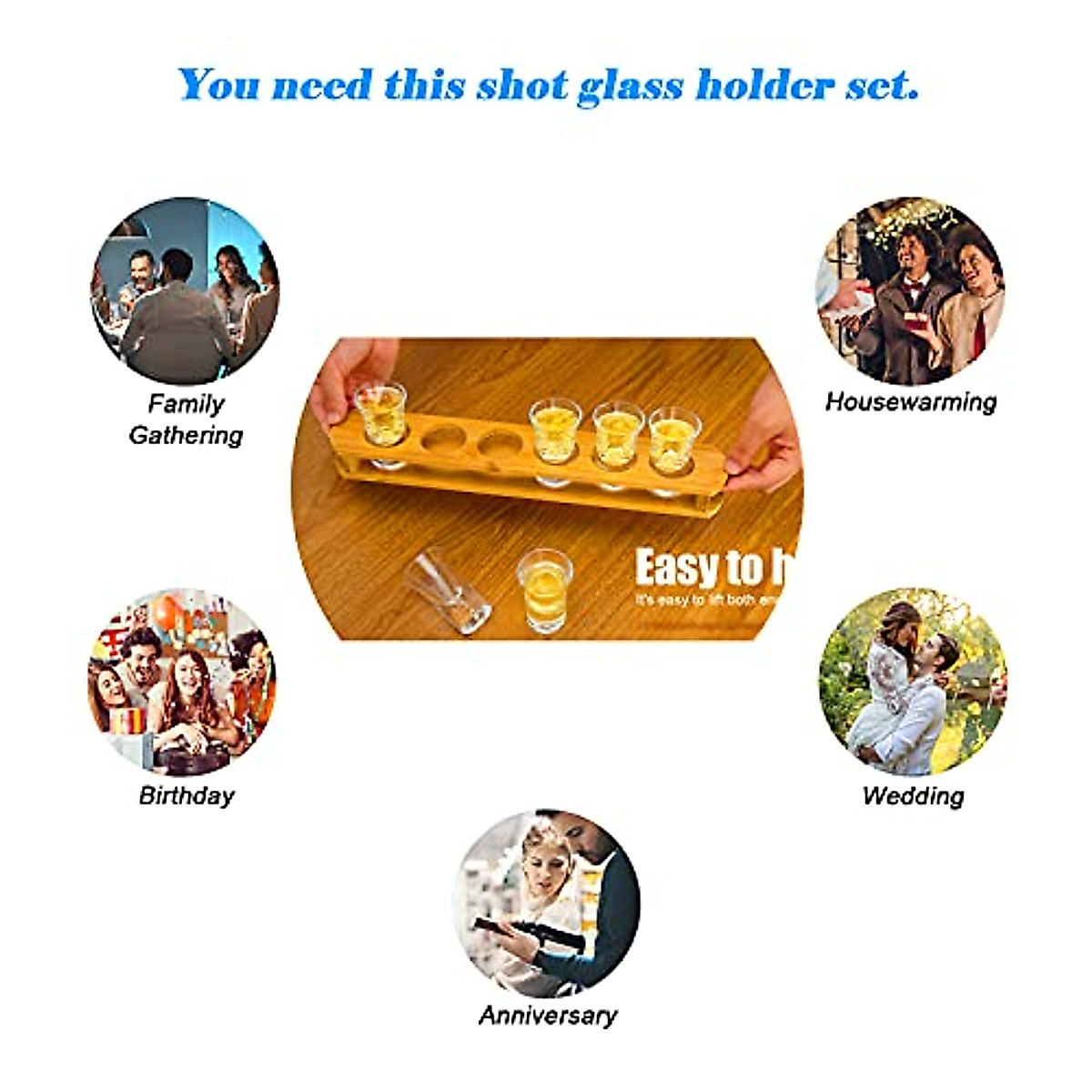 1 oz Shot Glasses with Holder, Shot Glass Set in Bamboo Wooden Shot Tray, D&Z 6 Heavy Base Shot Glasses for Whiskey/Vodka/Tequila/Cocktail/Soju, Shot Serving Tray, Good Helper for Bar/Restaurant/Party