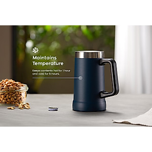 KooK Beer Stein, Stainless Steel Coffee Mug, Tumbler with Thermal Vacuum Insulation, Big Grip, Adventure, Double Walled Drinking Cup, Large Handle, Shatterproof, Navy Blue, 24 oz