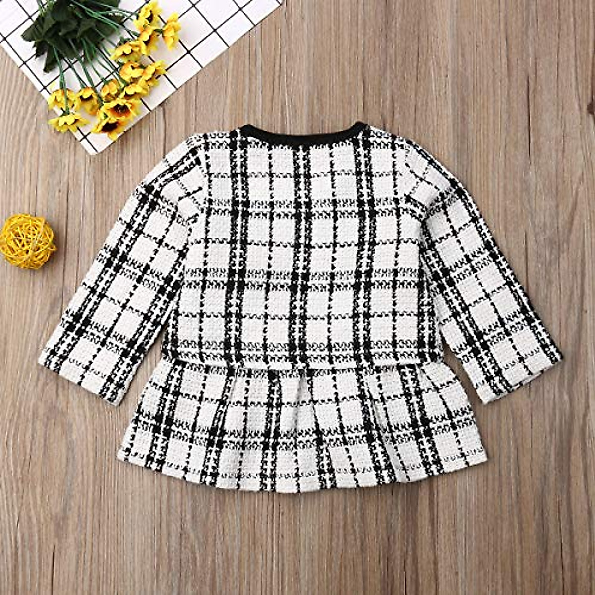 Emmababy 2Pcs Baby Girl Princess Dress Outfit Autumn Winter Warm Clothes Plaid Coat Tops Patchwork O-Neck Tutu Dress Skirt (Black White, 1-2 Years)