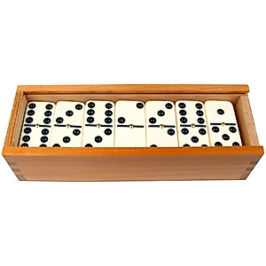 Dominoes Set- 28 Piece Double-Six Ivory Domino Tiles Set, Classic Numbers Table Game with Wooden Carrying/Storage Case by Hey! Play! (2-4 Players) , Brown