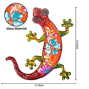 dreamskip 12.8" Metal Gecko Wall Decor Premium Glass Lizard Wall Hanging Art Decorations Wall Sculpture for Garden Patio,Fence Decor, Bedroom,Living Room