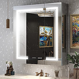 BENIME 30×32 Inch Bathroom Medicine Cabinets with LED Mirror CRI90+, Defogger, Stepless Dimmer, 3 Colors Light, Clock, Room Temperature, 5X Magnifying Makeup Mirror, Outlet & USBs, Recessed or Surface
