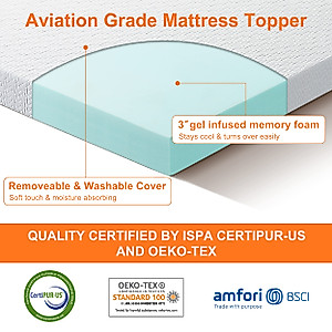 3 Inch Gel Memory Foam Mattress Topper Queen Size , Cooling Mattress Pad Cover for Back Pain, Bed Topper with Removable Bamboo Cover，Soft & Breathable