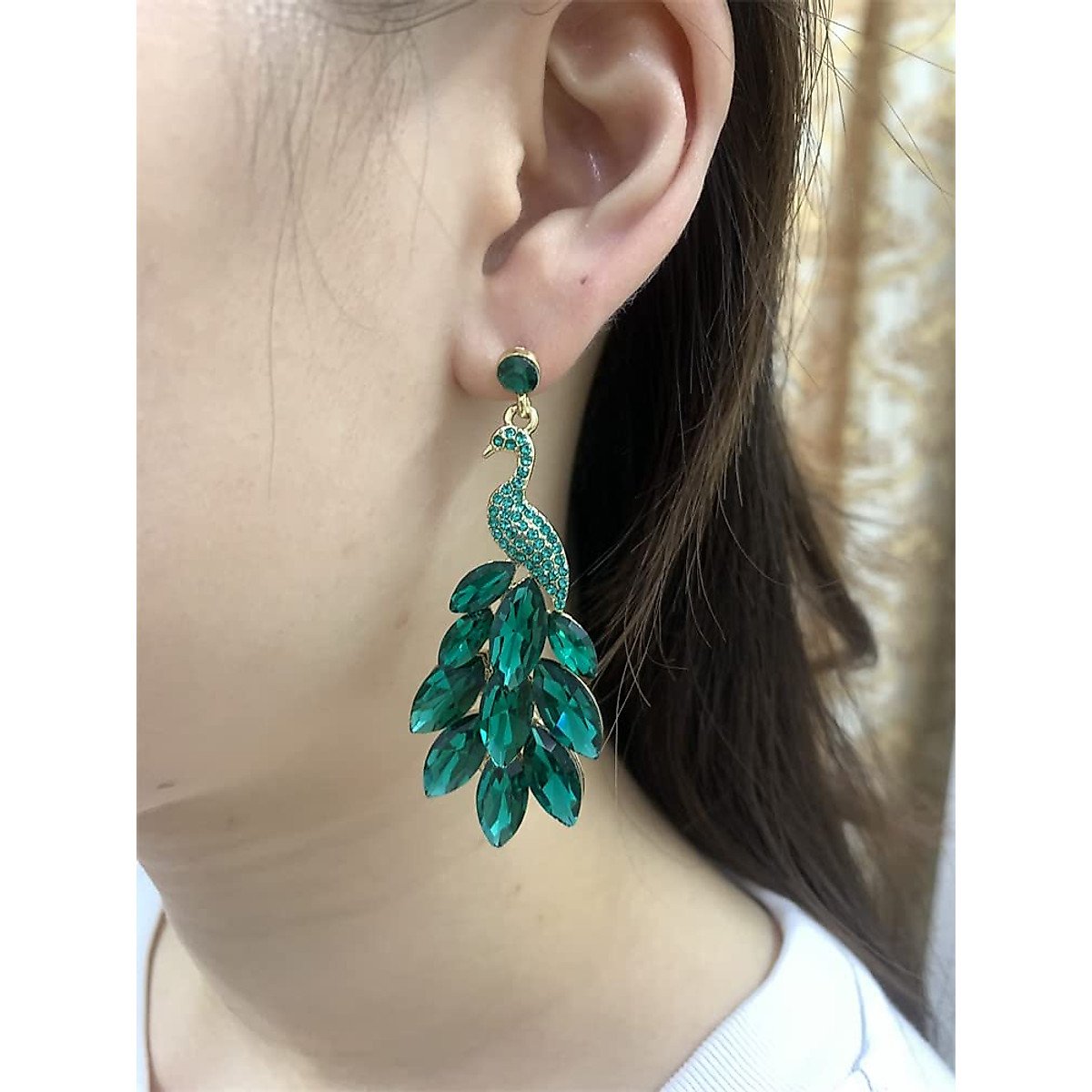 Vintage Peacock Dangle Earrings for Women Girls 14K Gold Plated Green Crystal Feather Peafowl Statement Drop Dangling Stud Earring Boho Exaggerated Birthday Holiday Jewelry Gifts (Green)