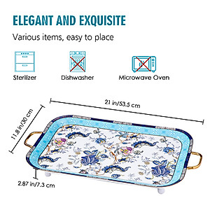 ACMLIFE Tea Serving Tray Set, 21 inches Bone China Tray Tea Tray with Handles, Blue Fine Ceramic Decorative Serving Tray Platter with Golden Rim for Tea Sets, Living Room, Gift (Blue)
