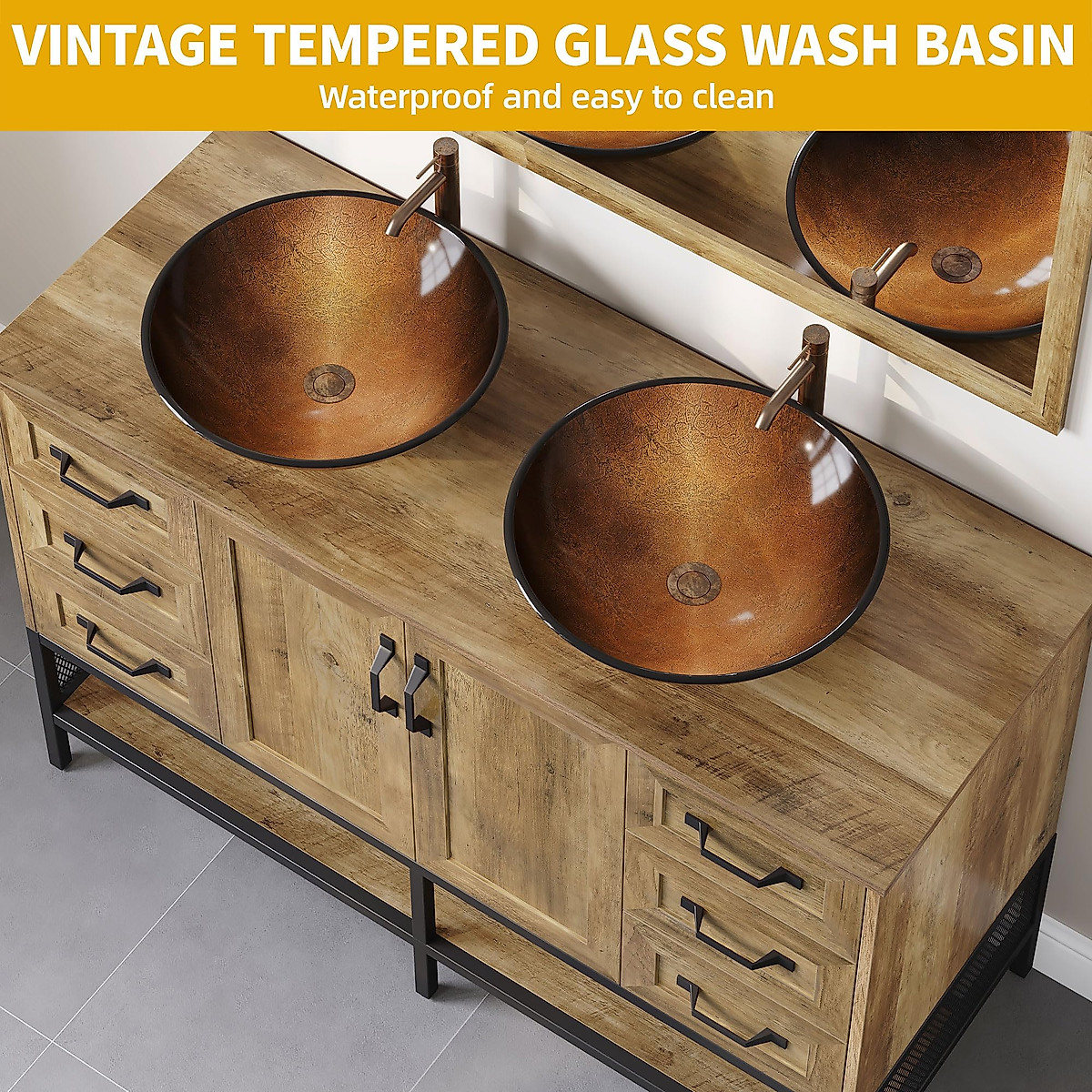 DWVO 48" Double Rustic Bathroom Vanity, Dark Brown Bathroom Vanity with Double Sink and Drawers Side Cabinet Combo Set & Shelf, Iron Wood Bathroom Cabinet with Boat Tempered Glass Vessel Sink