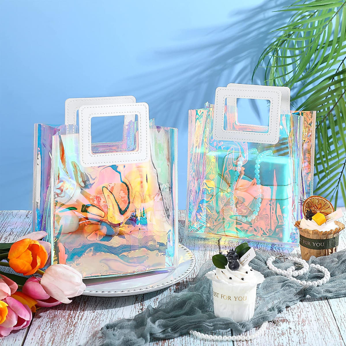 20 Pcs Iridescent Gift Bags Bulk Reusable Holographic Bag Clear PVC Tote Bag with Handles for Women Girl Party Favor (7 x 4 x 8 Inch)