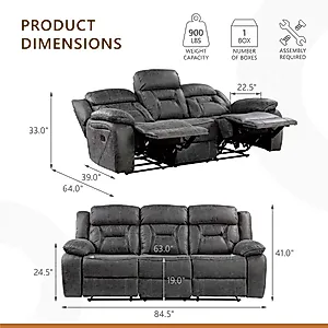 Homelegance Reclining Couch, Polished Microfiber Manual Double Recliner Sofa, Gray