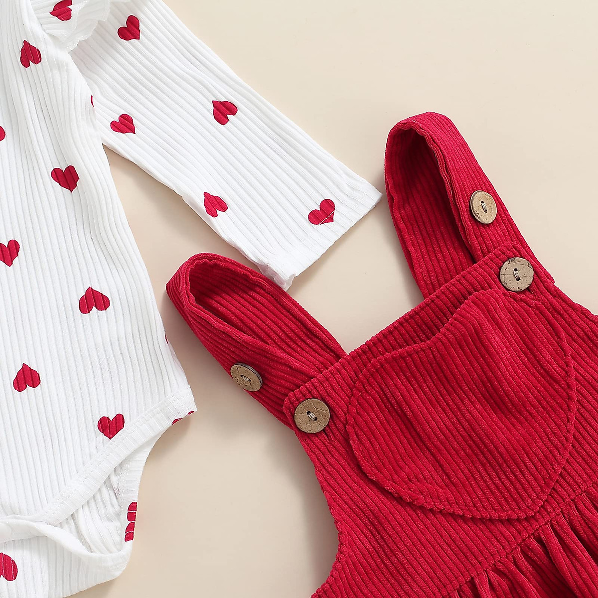 Comeonze My First Valentine's Day Newborn Infant Baby Girl Outfits Heart Print Ribbed Romper Corduroy Strap Dress Skirt Set (red,6-9 Months)