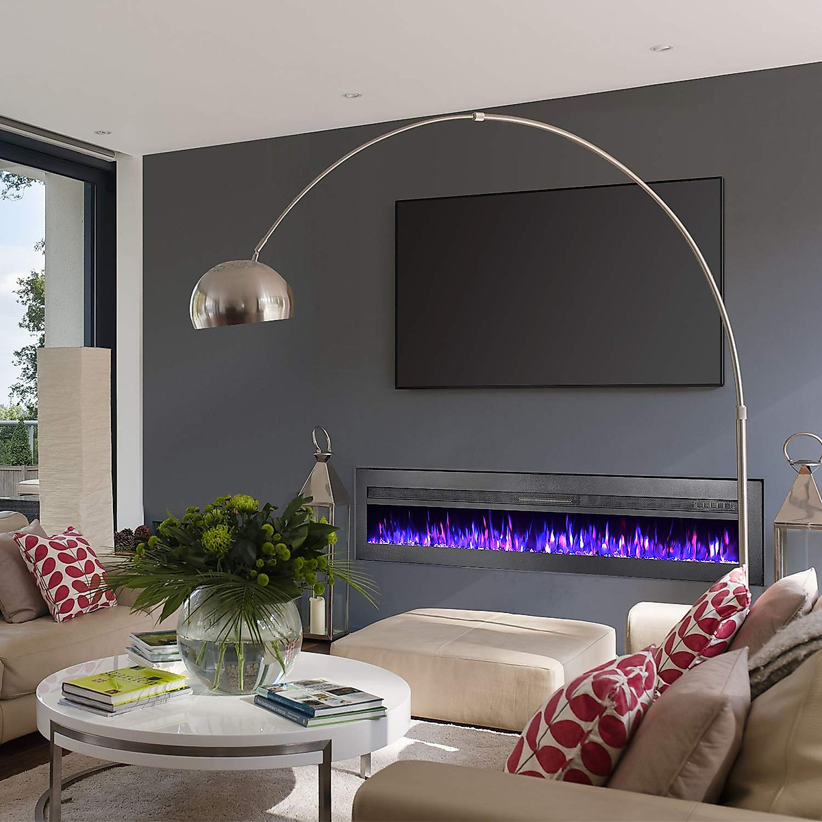 GMHome 60 Inches Wall Recessed Electric Fireplace 9 Changeable Color Realistic Crystal Stone Flame Heater, with Remote, 1500W, Metal Panel - Black