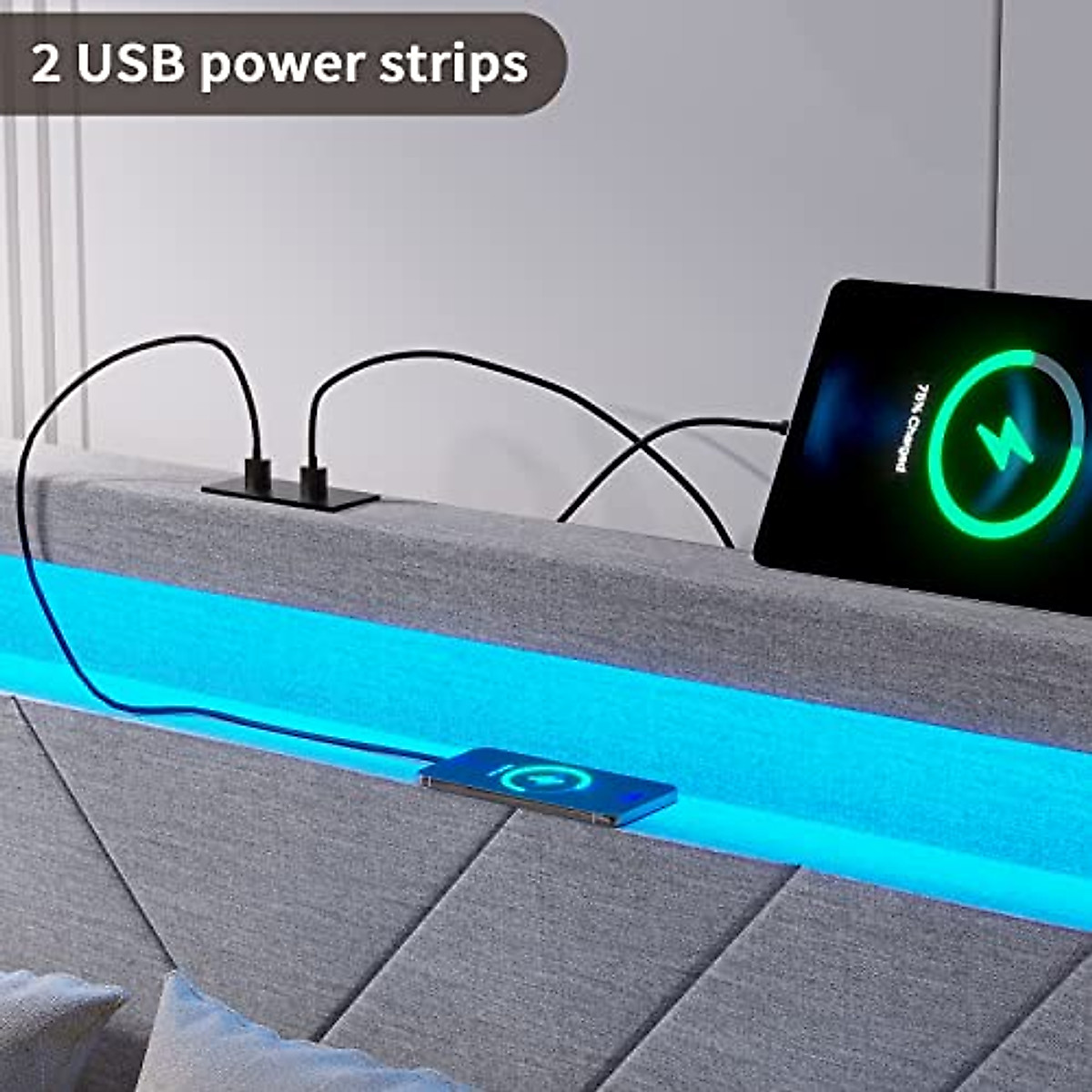 ADORNEVE LED Full Size Bed Frame with Storage Drawers, Upholstered Platform Bed Frame Full with LED Lights and Charging Station, Sturdy Wooden Slats Support, No Box Spring Needed, Light Grey