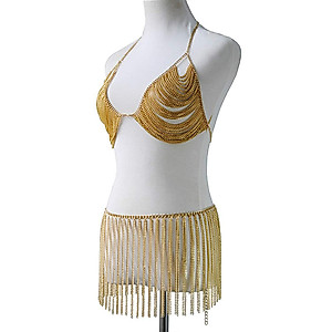 Sinkcangwu Womens Body Chain Suit Boho Rhinestone Bra Waist Belly Chain with Tassel Indian Dancing Skirt Dress for Party Halloween Costume Beach Bikini (Gold Metal)