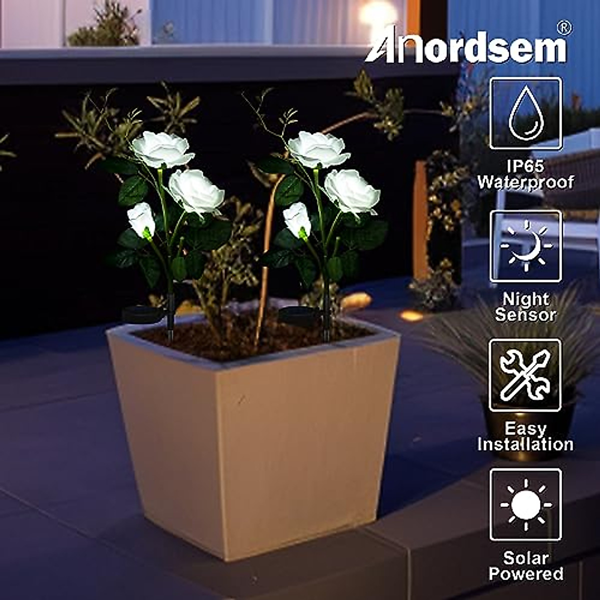 Solar Flowers Lights Outdoor Garden Decor 2 Pack, Waterproof White Rose for Grave Yard Patio Flower Bed Path Cemetery Decorotions Outside, Valentines/Mothers Day Birthday Gifts for Mom Women Grandma