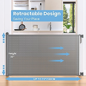 HAMOPY Retractable Baby Gate, 33" Tall, Extends up to 72" Baby Gates Extra Wide, Mesh Gates for Kids or Pets with Alarm, Durable Child Safety Gate for Doorways, Stairs, Hallways, Indoor/Outdoor (Grey)