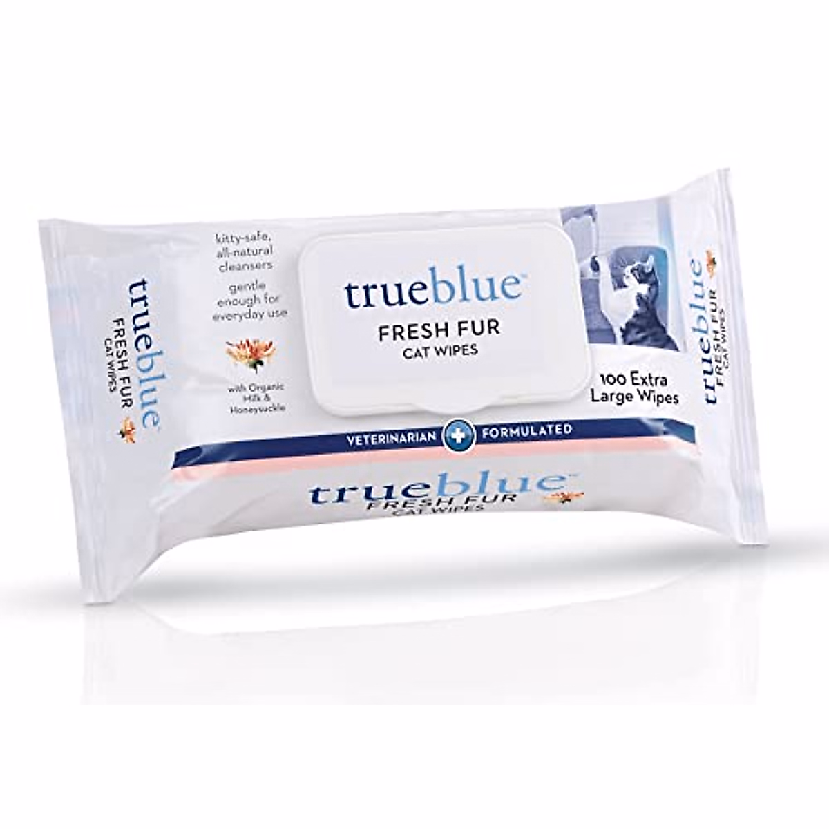 TrueBlue Milk & Honeysuckle Fresh Fur Cat Cleaning Wipes - Pre-Moistened Cleansing Pads for Cleaning Dirty Paws, Coats, Cats, Kittens – Extra Large – 8”x7” – 100 Count