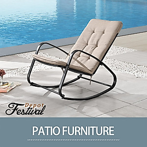 Festival Depot Patio Upholstered Rocking Chair Lounge Chairs Living Room Sofa Glider Rocker Chair w/Metal Frame Removable Cushion High Back Widened Seat Best Comfy Modern Portable