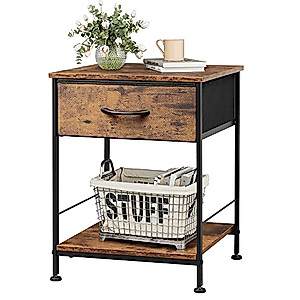 WLIVE Nightstand, End Table with Fabric Storage Drawer and Open Wood Shelf, Bedside Furniture with Steel Frame, Side Table for Bedroom, Dorm, Easy Assembly, Rustic Brown Wood Grain Print