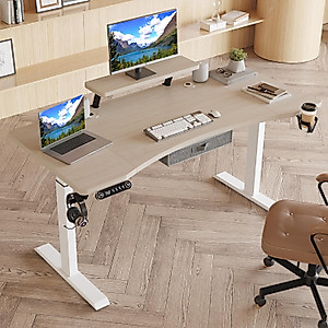 Jceet 63x30 Inches Dual Motor Electric Standing Desk with Drawer, Adjustable Height Sit Stand Up Desk with Storage Shelf, Home Office Desk Computer Workstation with Pale Pearwood Top/White Frame