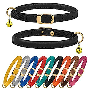 Murom Rolled Leather Cat Collar with Elastic Strap Safety Adjustable Pet Collars for Cats Kitten Yellow Red Pink Blue Orange Brown Gray (Black)