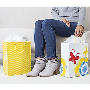 Hallmark 12" Large Gift Bags (Pack of 2: Yellow Chevrons and Flowers with Butterflies) for Birthdays, Baby Showers, Easter, Mothers Day or Any Occasion