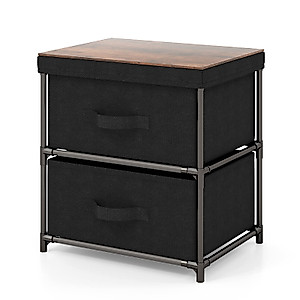 Giantex Nightstand with 2 Fabric Drawers, Small Storage Dresser with Metal Frame and Wood Top for Closet, 2-Drawer Bedside Table with Removable Lid for Bedroom Dorm, Easy Assembly (1, Black)