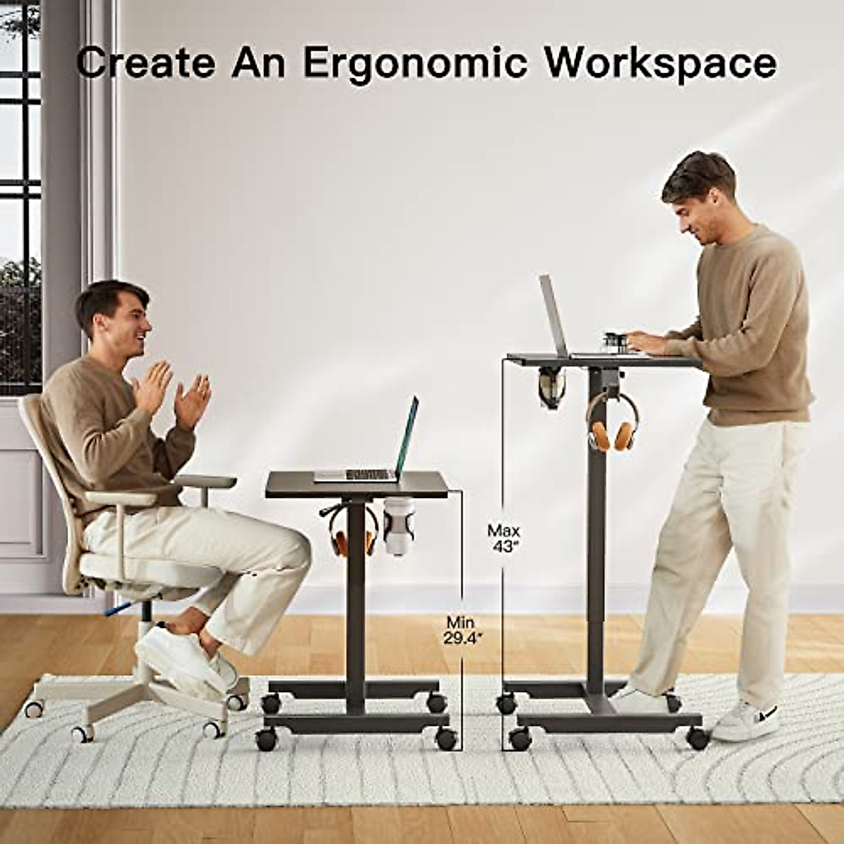 ErGear Laptop Mobile Standing Desk, Height Adjustable Laptop Desk with Wheels, Pneumatic Mobile Desk with Hook and Cup Holder, Rolling Desk for Home Office Workstation for Standing or Sitting, Black