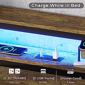 ADORNEVE LED Queen Bed Frame with Storage Headboard, Metal Platform Bed with Charging Station, Bed Frame with 4 Drawers, Storage Shelves, No Box Spring Needed,Noise-Free,Vintage Brown