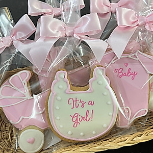 Pink Girl Baby Shower Assortment Cookies- 6 Decorated Crunchy Shortbread Cookies Individually Wrapped With Bow by BakersDozenToGo