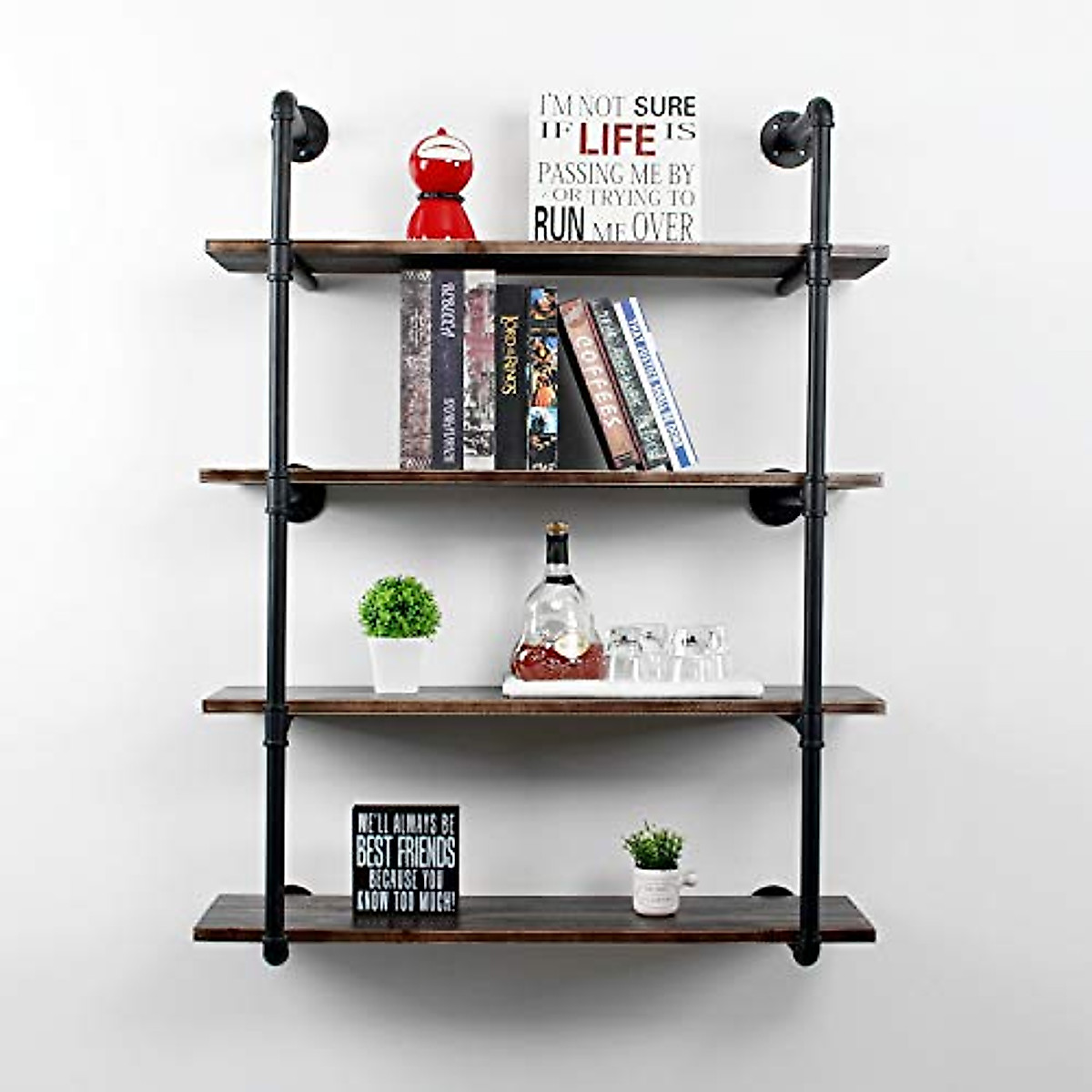 Weven 36" Industrial Pipe Bookshelf Wall Mounted,4 Tier Rustic Floating Shelves,Farmhouse Kitchen Bar Shelving,Home Decor Book Shelves,DIY Bookcase,Hanging Wall Shelves,Black