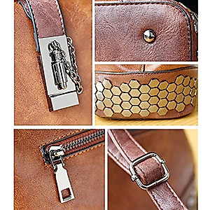 Mn&Sue Gothic Rivet Studded Vintage Doctor Style Cross Body Convertible Bucket Shoulder Handbag for Women (Brown)