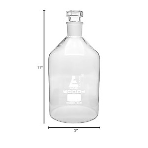 EISCO Reagent Bottle, 2000ml, 34/35 Interchangeable Hexagonal Hollow Stopper - Narrow Mouth - Borosilicate Glass Labs