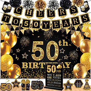 50th Birthday Decorations for Men Women,16PCS 50th birthday banner Party Decorations ,Including Happy 50th Birthday Banner,50 Anniversary Card,Cheers to 50 years banner,7 Hanging Swirl,6 paper Poms