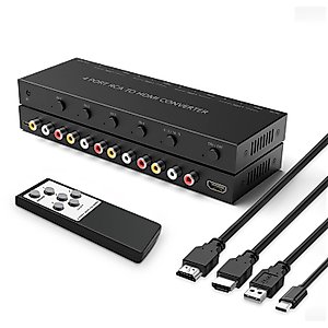 RuiPuo 4Port AV to HDMI Converter, 4Port AV to HDMI Switcher with IR Remote, Support 16:9/4:3 and Quick Switch Compatible with WII/N64/SNES/Xbox/PS1/PS2/PS3/VHS/VCR/DVD Players etc.(4AV In-1HDMI Out)