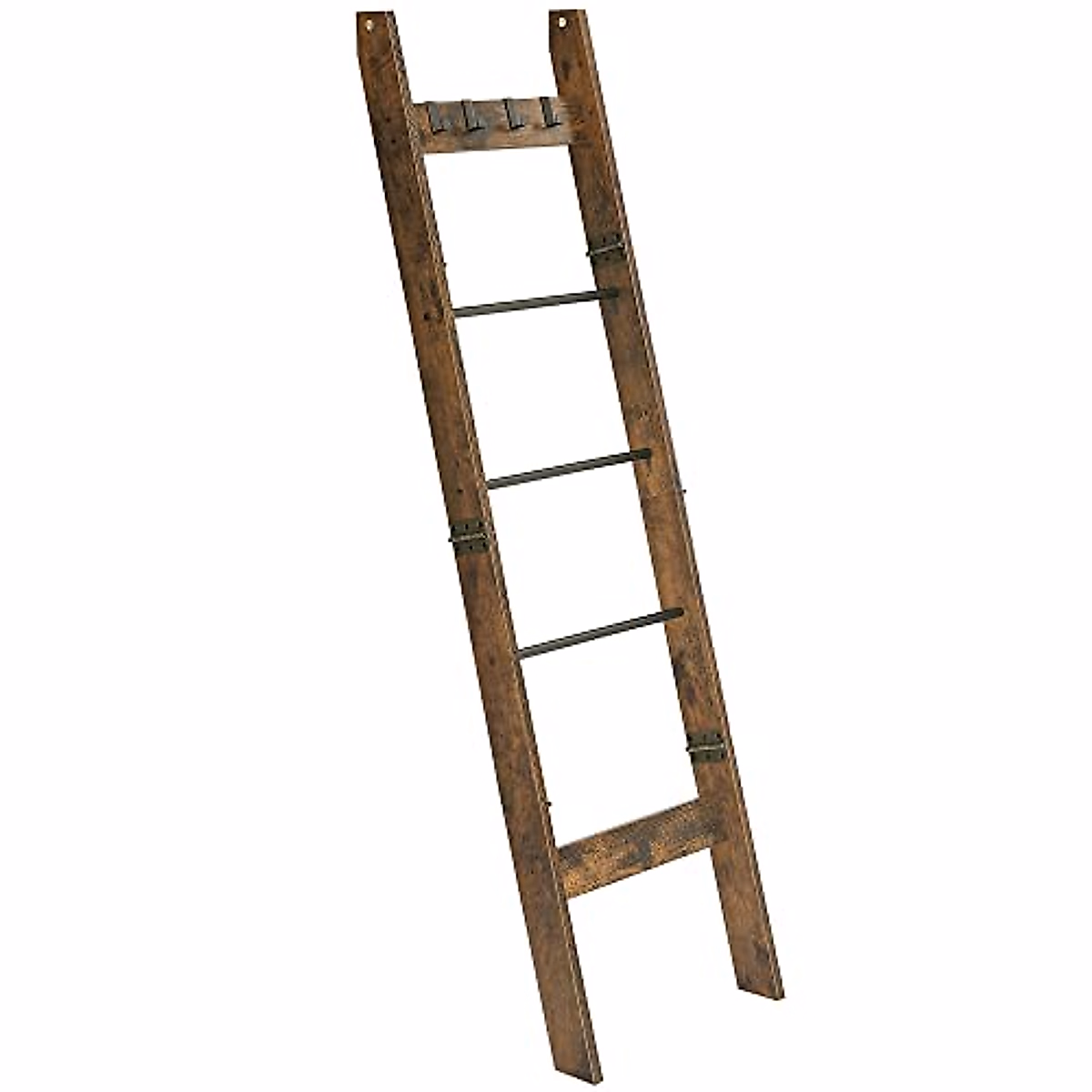 Hzuaneri Blanket Ladder - for Bedroom, Decorative Wood Quilt Rack with 4 Removable Hooks, 5-Tier Farmhouse Ladder Holder Organizer for Bathroom Living Room, Rustic Brown and Black 02101BBR