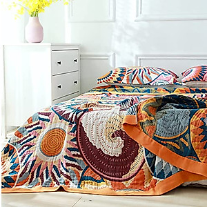 MEJU The Sun Round Bohemia Geometry Muslin All Season Blanket for Bed Sofa Couch, 100% Combed Cotton 4 Layer Soft Warm Quick Dry Throw Blanket Bed Coverlet Sheet (Round, Twin 59" X 78")