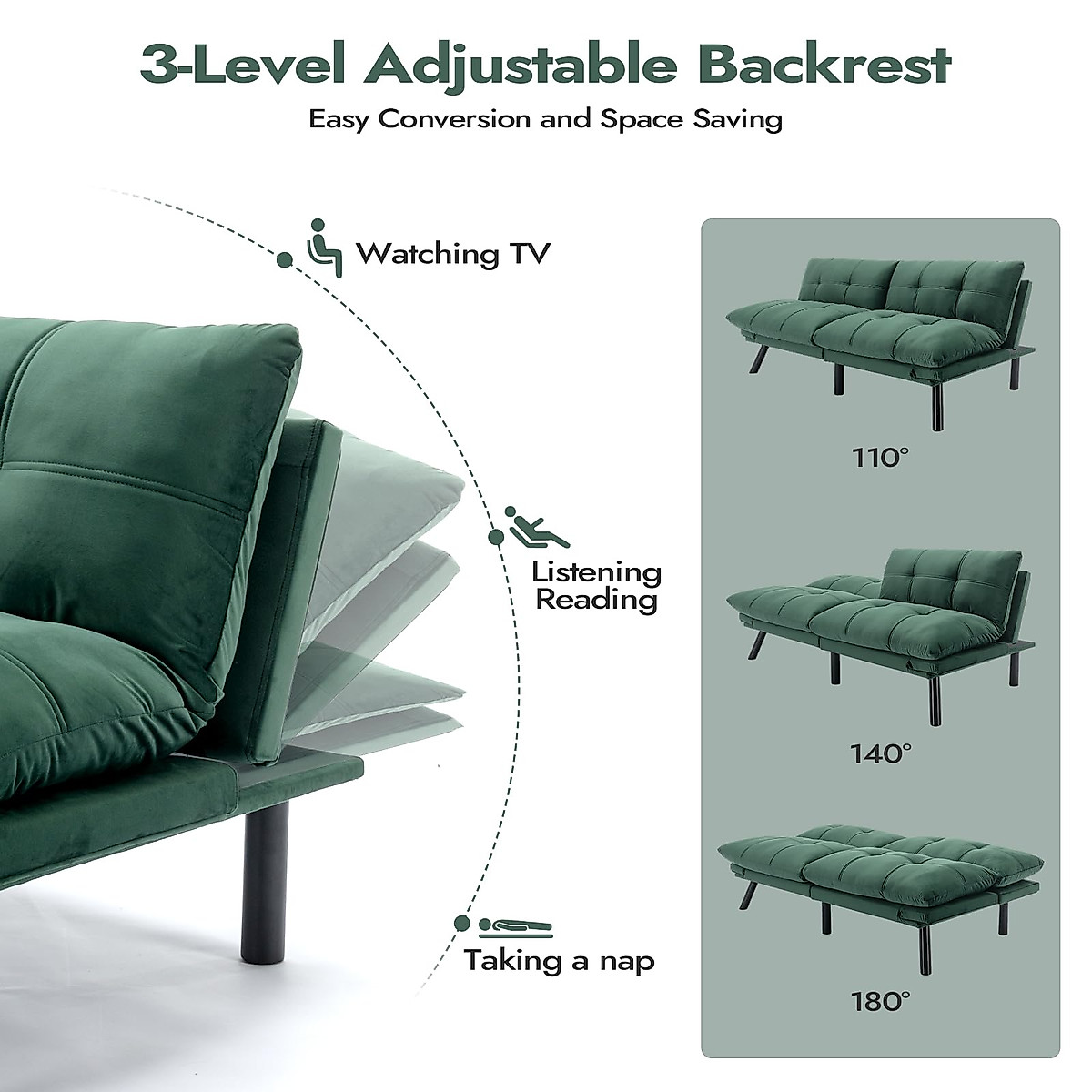 Edbuosy Comfortable Futon Sofa Bed, Memory Foam Loveseat, Convertible Adjustable Sofa Bed CouchSuitable for Office, Home, and Bedroom (Green)