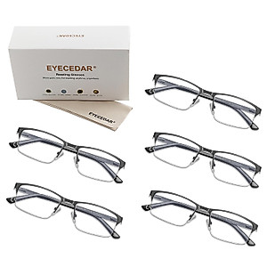 EYECEDAR 5-Pack Reading Glasses for Men Blue Light Blocking Gunmetal Gray Metal Half Frame Spring Hinges Readers Glasses Mens Readers 1.5