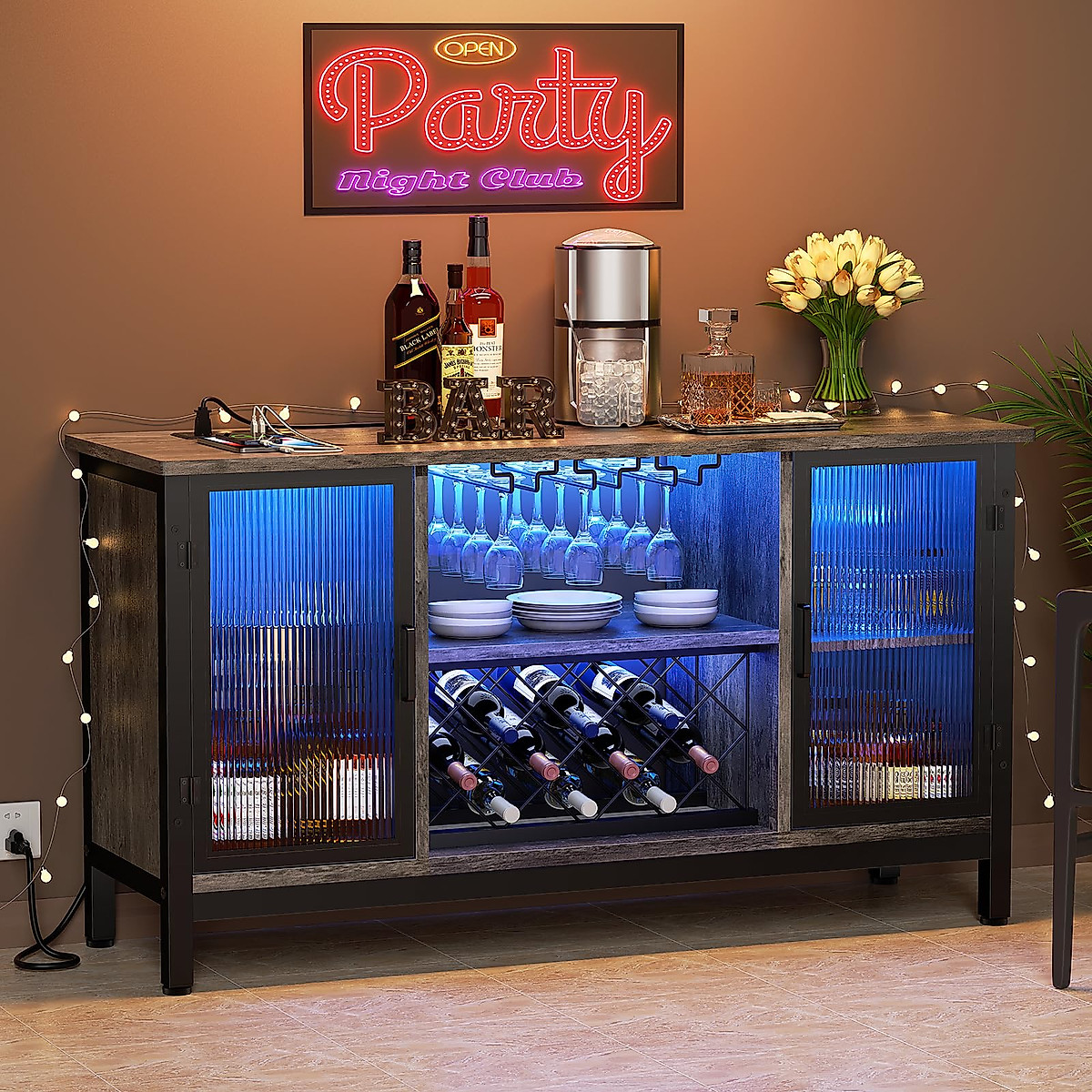 Zarler Bar Table Cabinet with Power Outlet and Light, LED Wine Bar Stand for Liquor and Glasses, Metal Home Mini Bar with 4-Tier Storage (Dark Grey), 13.4″D x 47″ W x 29.5″H, WBC001