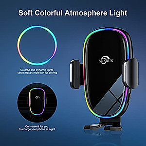 Wireless Car Charger Mount, SOARUN [Unique 7 Colors LED Dynamic Backlit] 15W Wireless Fast Charging Car Phone Holder, Auto-Clamping Wireless Car Charger for iPhone 14 Pro 13 12, Samsung S23 Ultra S22