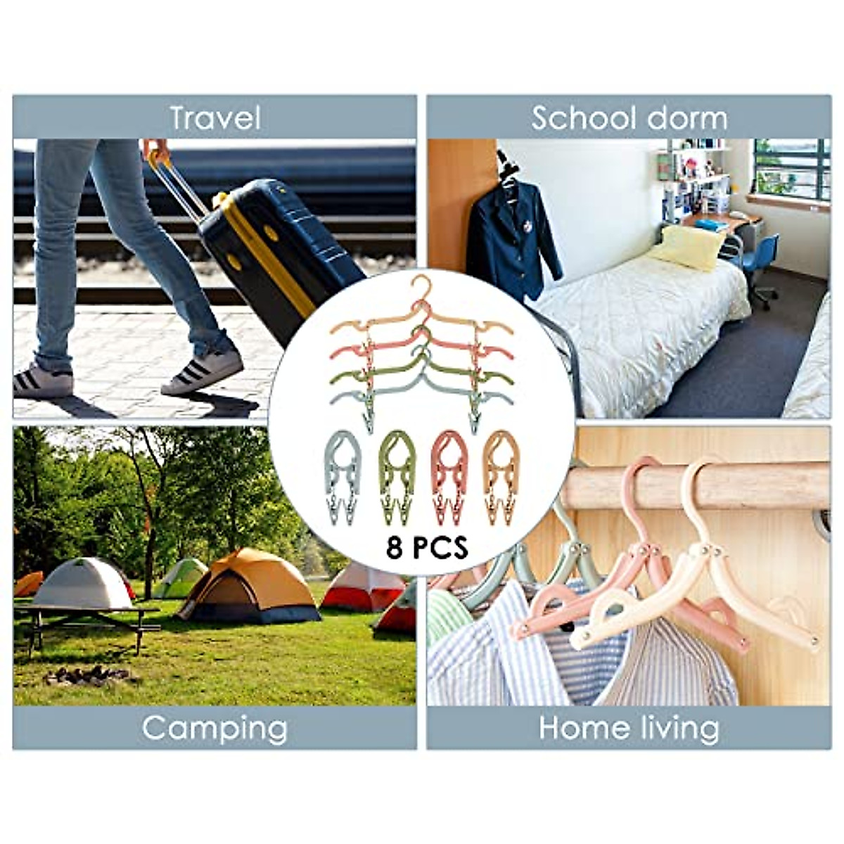 DS. DISTINCTIVE STYLE Foldable Hangers with Clips Set of 8 Travel Hangers with Clothesline for Camping