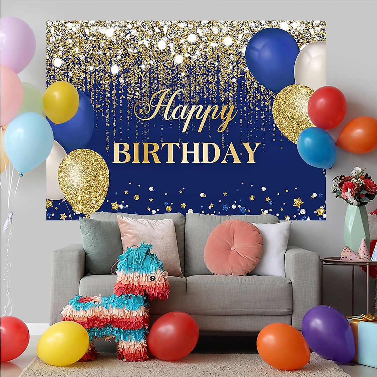 Aperturee Blue and Gold Happy Birthday Backdrop 7x5ft Glitter Golden Dots Diamonds Balloons Women Girls Sweet 16 Bday Photography Background Party Decorations Cake Table Banner Photo Booth Props