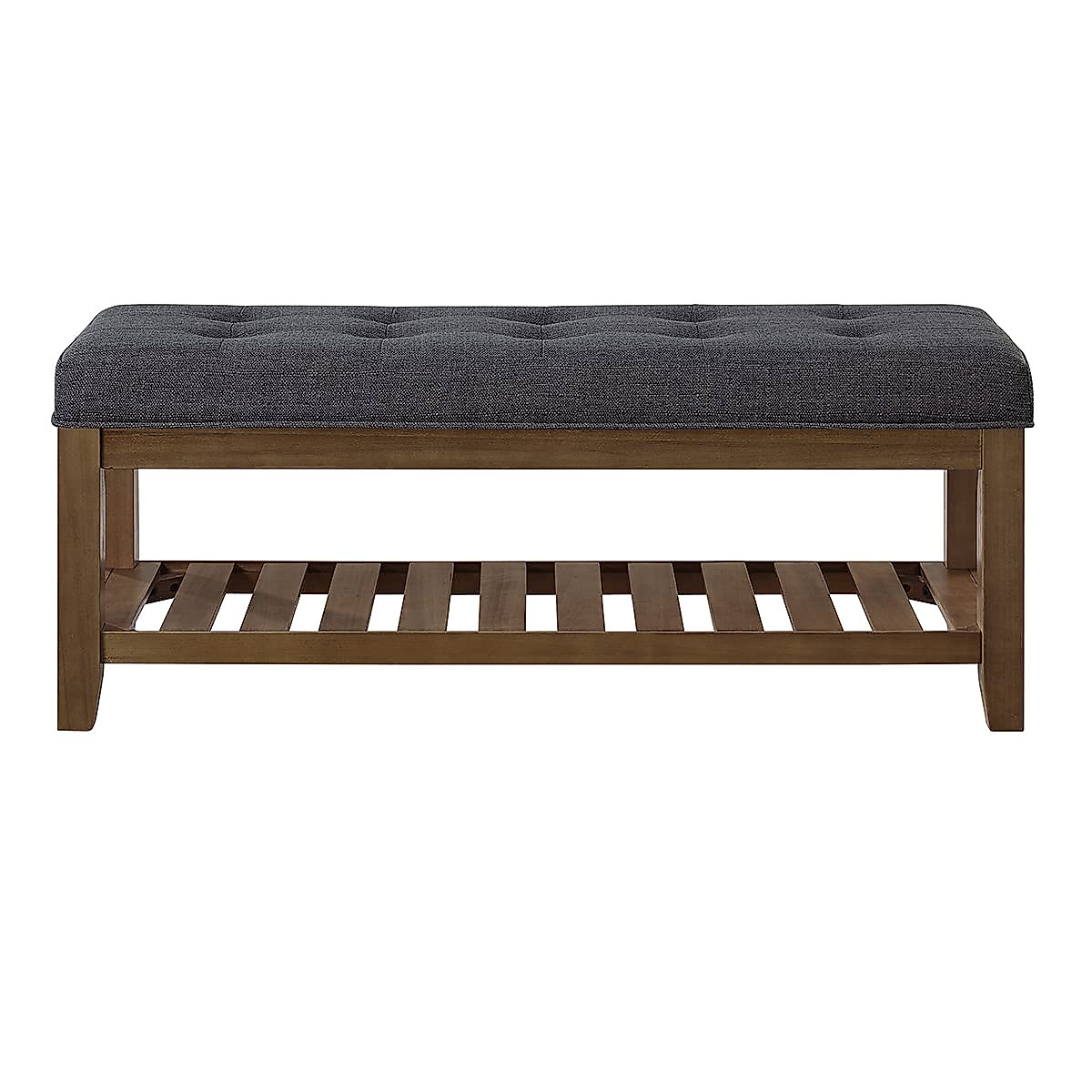 24KF Large Rectangular Upholstered Tufted Linen Fabric Ottoman Bench, Padded Bench with Solid Wood Shelf-Charcoal