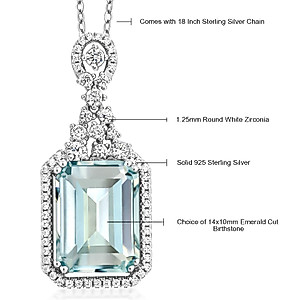 Gem Stone King 925 Sterling Silver Customized and Personalized 14X10MM Emerald Cut Gemstone Birthstone Pendant Necklace For Women with 18 Inch Silver Chain