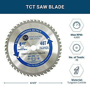 Benchmark Abrasives TCT 6 1/2 Inch Circular Saw Blade, Tungsten Carbide Tipped Metal Cutting Saw Blades for Cutting Metal, Stainless Steel, Ferrous Metals, Miter Saw Blade (6-1/2" 48 Teeth)