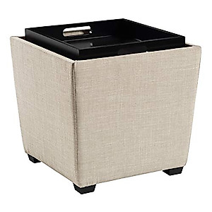OSP Home Furnishings Ave Six Rockford Square Storage Ottoman with Padded Upholstery and Hidden Serving Tray, Cream Fabric