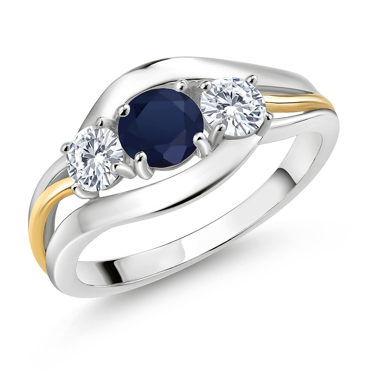 Gem Stone King 925 Sterling Silver and 10K Yellow Gold Round Blue Sapphire and White Lab Grown Diamond 3 Stone Ring For Women (1.14 Cttw, Available In Size 5, 6, 7, 8, 9)