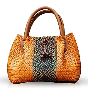 QTKJ Beach Bag for Women, Handmade Rattan Tote Bag, Leather Handle, Boho Retro pattern Straw Woven Handbag, Large Summer Beach Vacation Bag (Khaki)