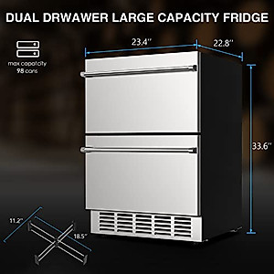 24 Inch Under Counter Double Drawer Fridge, Indoor and Outdoor Beverage Refrigerator, Weather Proof Stainless Steel Beverage Fridge for Home & Commercial Use, Built-in and Freestanding (Foam Door)
