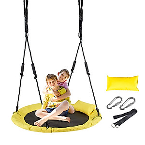 Saucer Tree Swing for Kids, LITTLELOGIQ 40 Inch Outdoor Swing Sets for Backyard, Round Flying Swing with 2 Hanging Straps, 700lb Capacity, Adjustable Ropes, Easy Setup, for Adults & Kids - Yellow