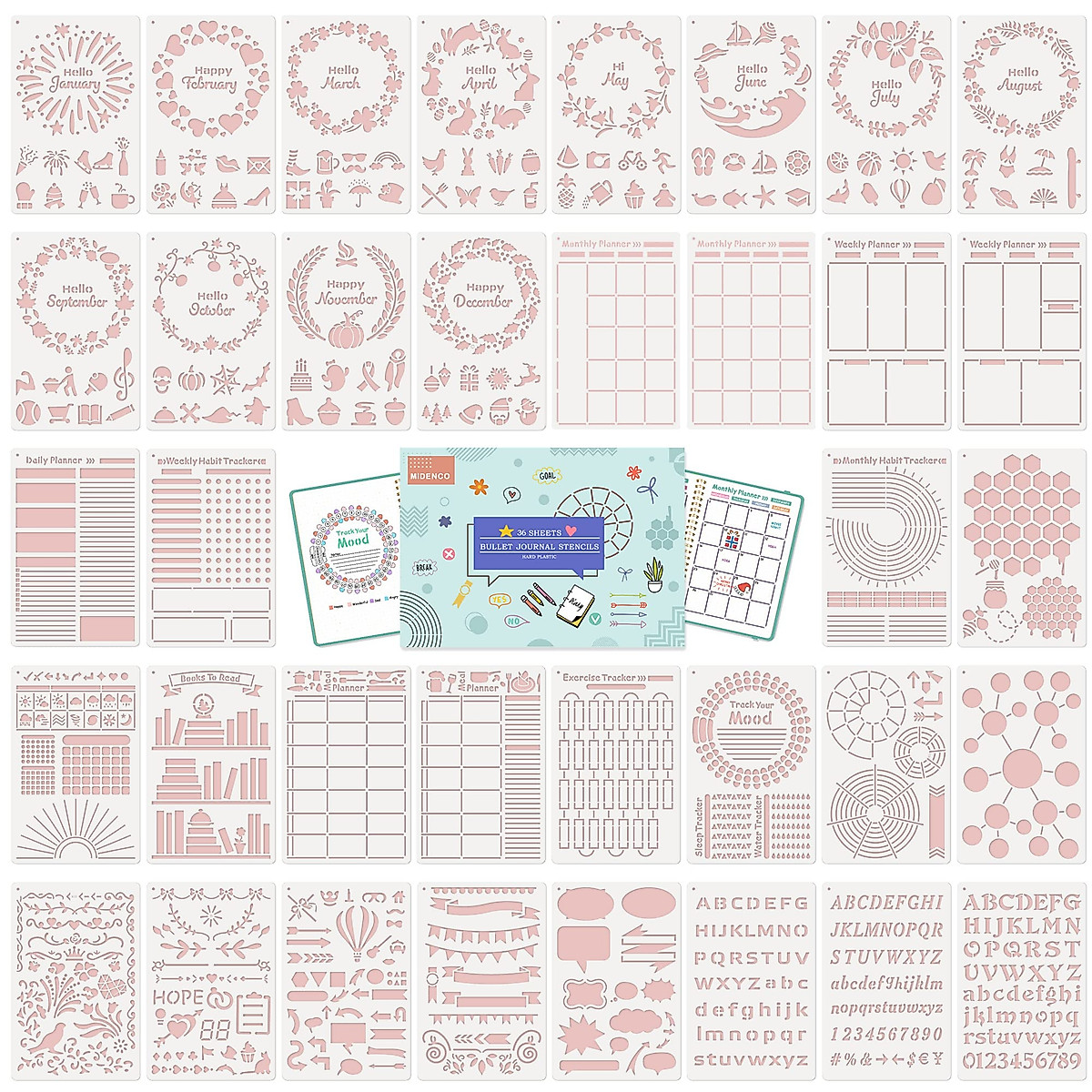 Midenco 36Pcs Bullet Journal Stencils Templates Set (5.1 * 7.9 Inch) - Bullet Journals Accessories/Supplies Kit - Journal Stencils for Bullet Journaling - Planner Stencils for A5 Dotted Journal